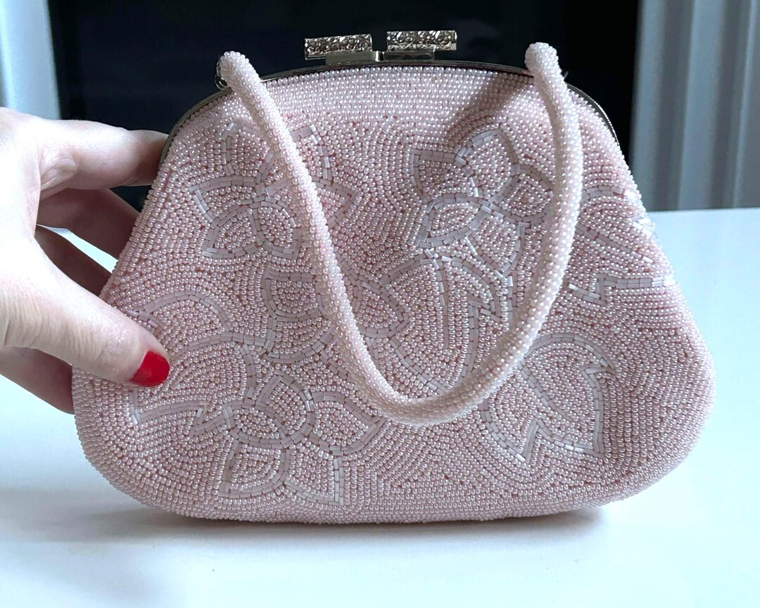 Vintage Pink Purse, Floral Beaded Art Deco Style Handbag, Pale Pink ...