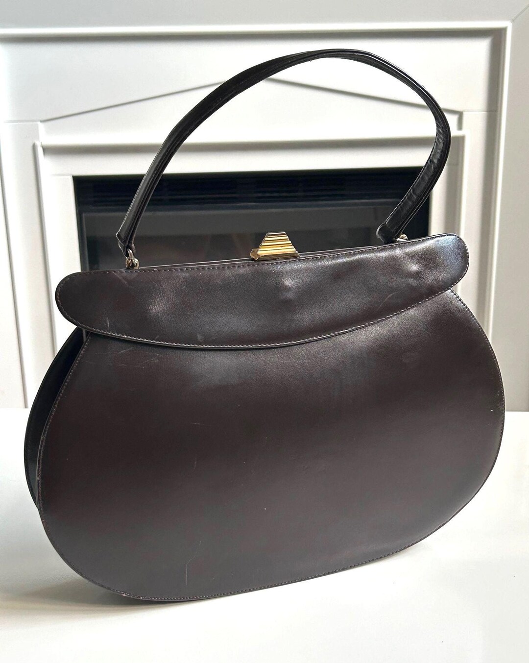 Medium 1960s Chocolate Brown Leather(?) Handbag, Vintage Pocket Book ...