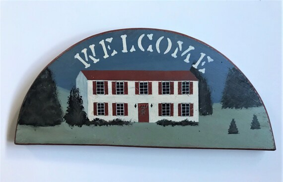 Vintage wooden Welcome sign hand painted folk | Etsy