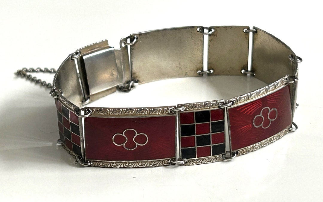 Antique Olaf Fritjof Hjortdahl 925 S Norge, Silver and Red Guilloche ...