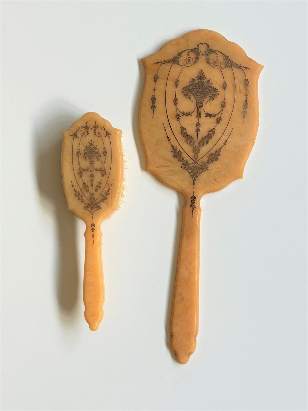 Art Deco Celluloid Hand Mirror and Brush Set, Vintage Vanity ...