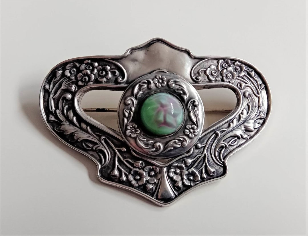 Sterling Front Art Nouveau Brooch With Uranium Satin Glass Cabochon ...
