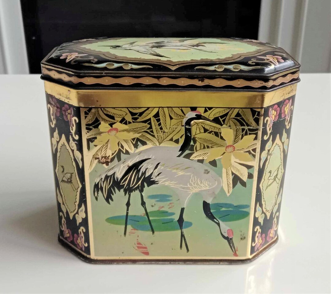 Vintage Gray Dunn Biscuit Tin Asian Cranes Antique - Etsy