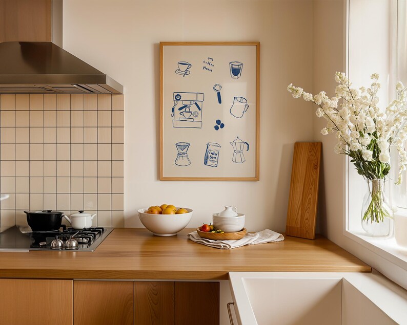 Coffee Stuff - Blue Coffee Line Drawing, Retro Kitchen Wall Art, Coffee ...