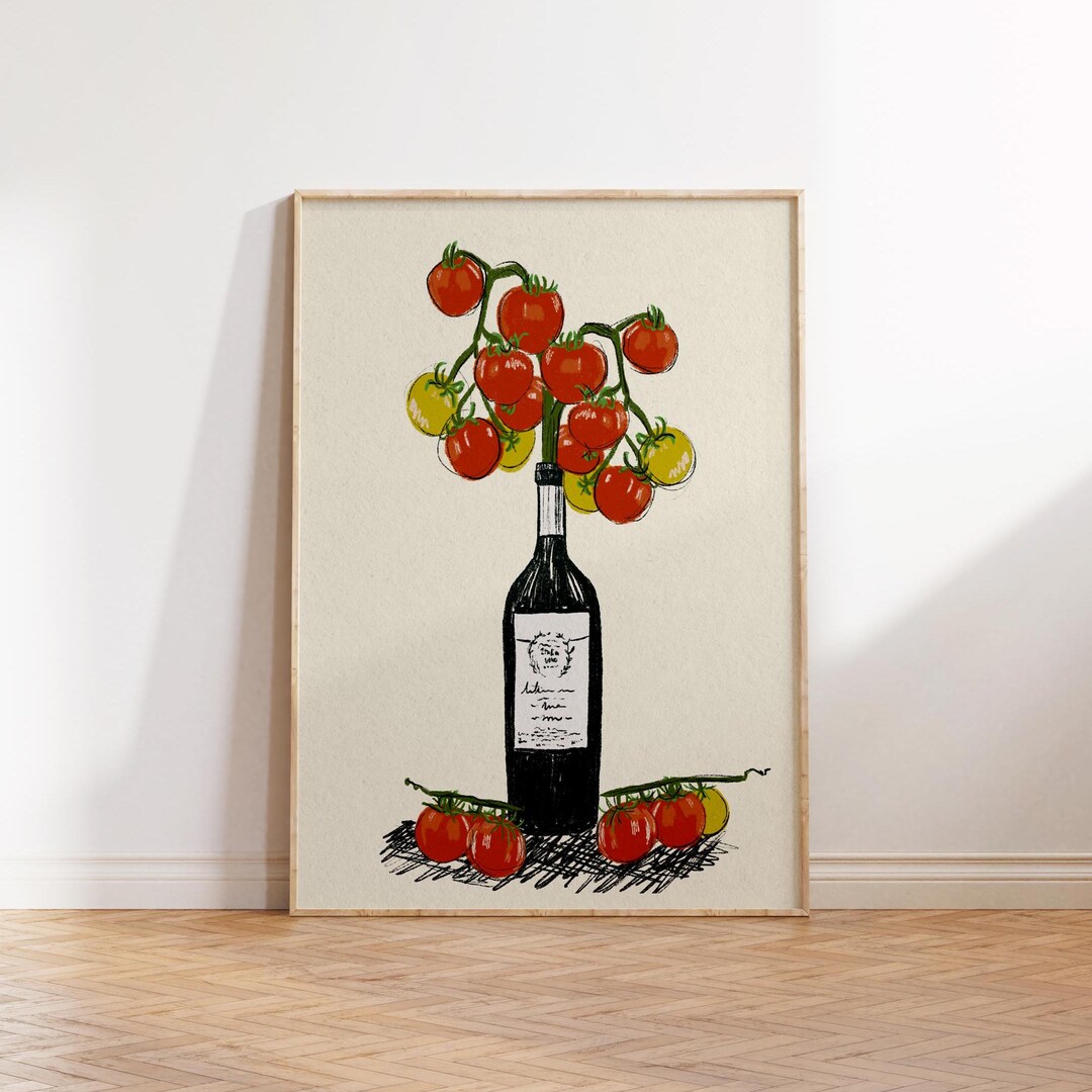 Vintage Tomato Wine Bottle Poster: Italian Kitchen Art (digital ...