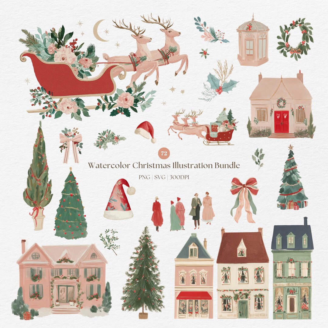 72 Watercolor Christmas Clipart Bundle – Hand-drawn Illustration, PNG ...