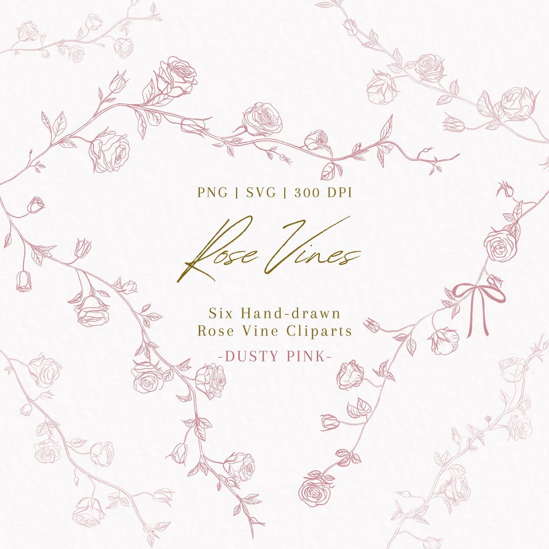 Dusty Pink Rose Vine Cliparts, Set of Six, Transparent Background PNG ...