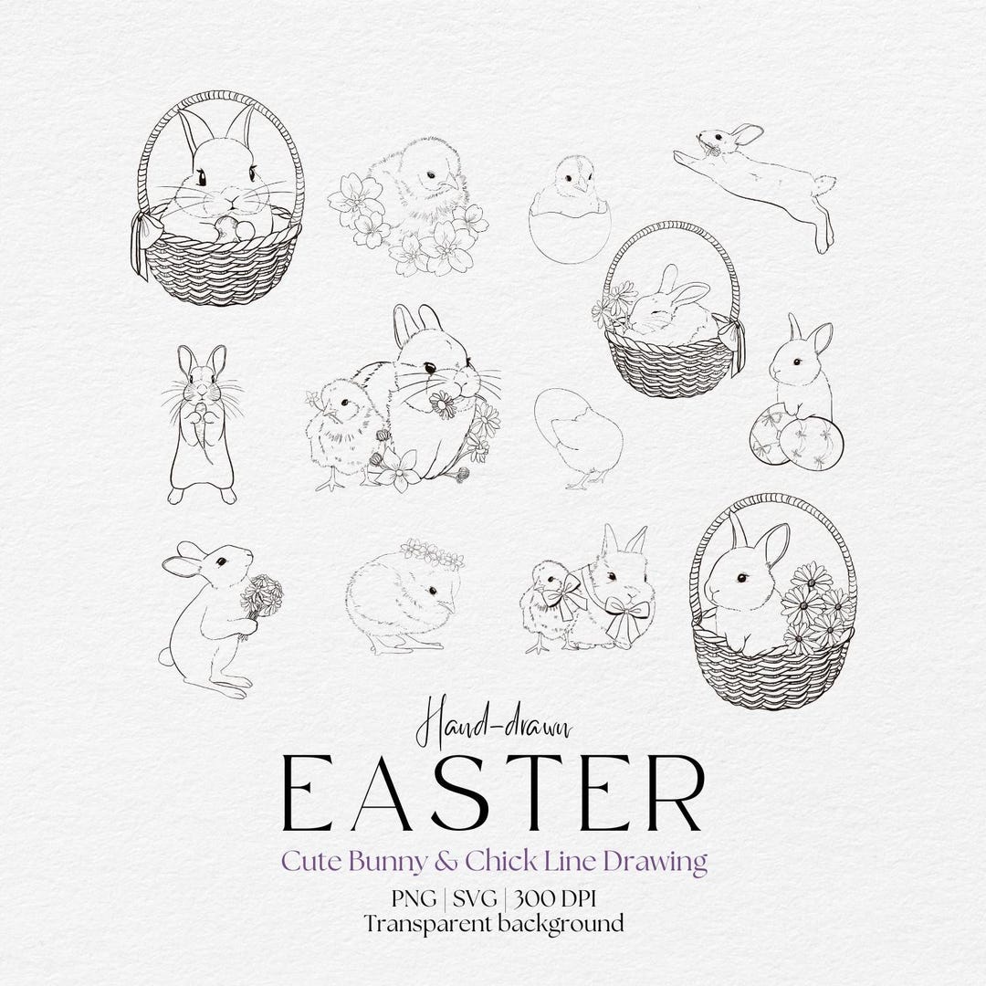 Easter Bunny and Chick Clipart, Bunny Rabbit Line Drawing Bundle ...