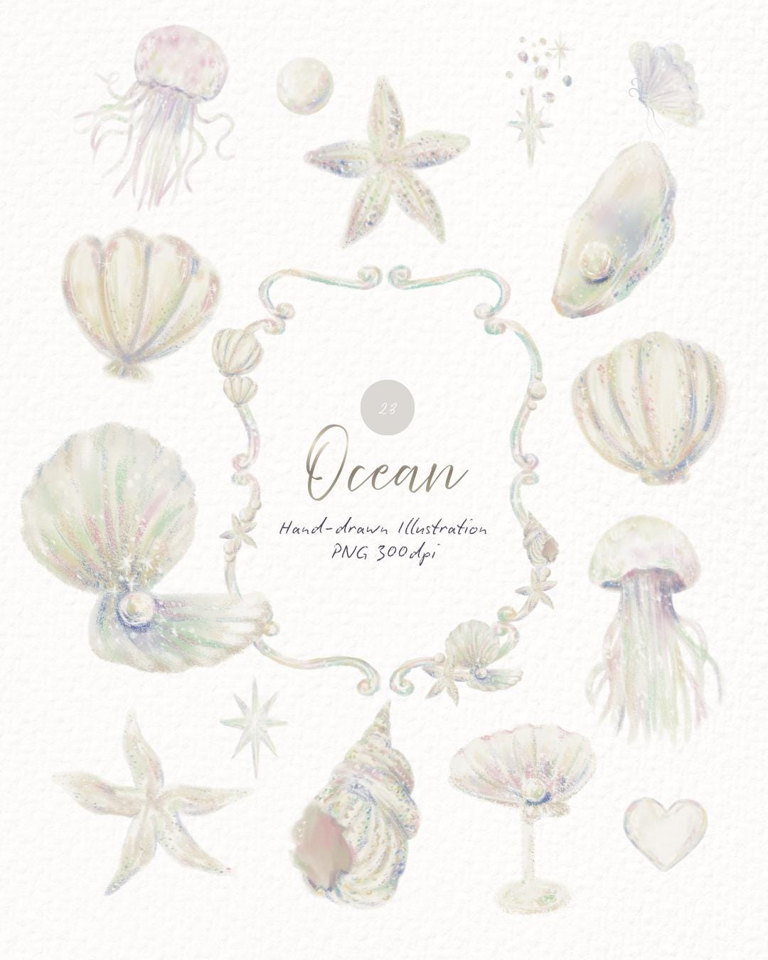 Dreamy Ocean Clipart Bundle – Hand Drawn Oil Pastel Seashells ...