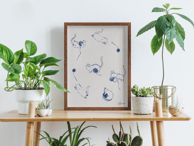 Blue Cat Line Drawing Print, Hand-drawn Cat Illustration, Trendy Cat ...