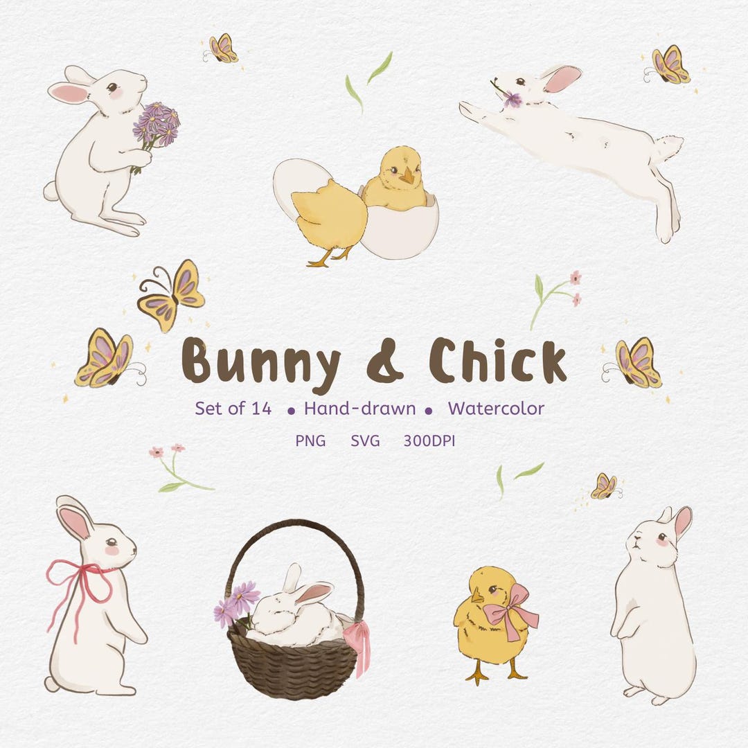 Watercolor Bunny and Chick Clipart, Hand-drawn Easter Rabbit, Easter ...