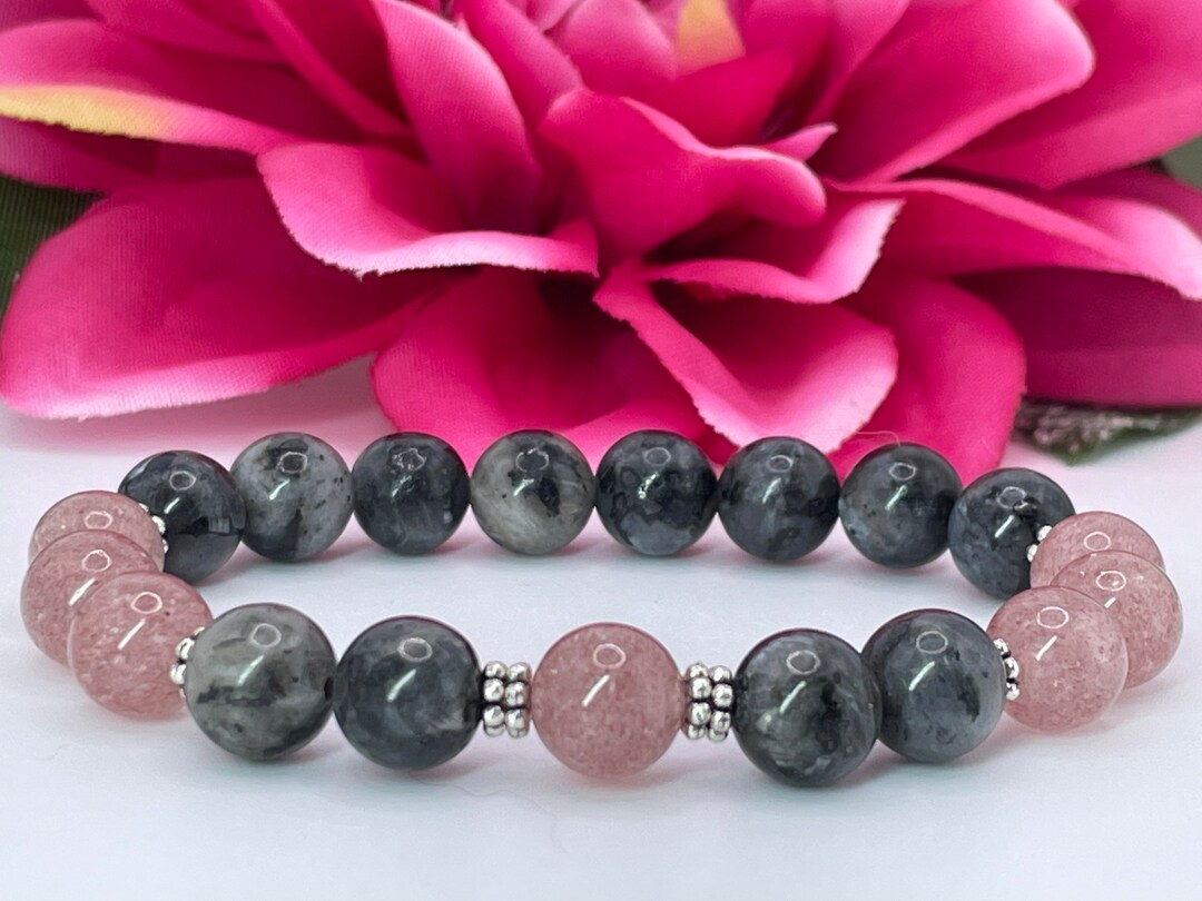 Strawberry Quartz and Larvikite/black Labradorite, 8mm Beaded, Stretch Elastic, Gemstone Crystal ...