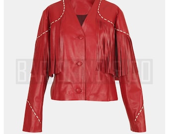 Women Leather Jacket Fringe Western Cowboy Red Cropped Vintage Boho ...