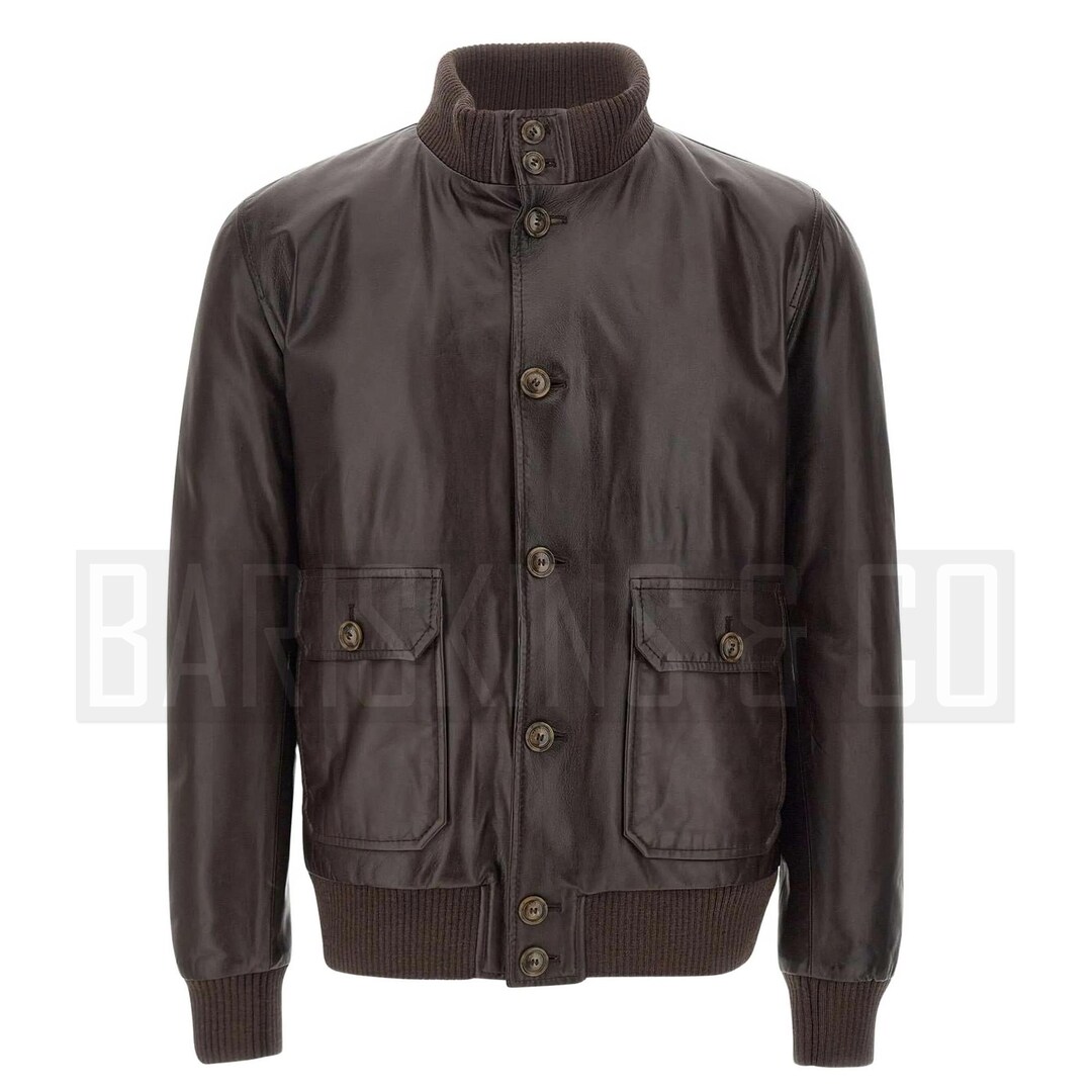 Vintage Men’s Brown Leather Bomber Jacket, Real Lambskin Button up Coat ...