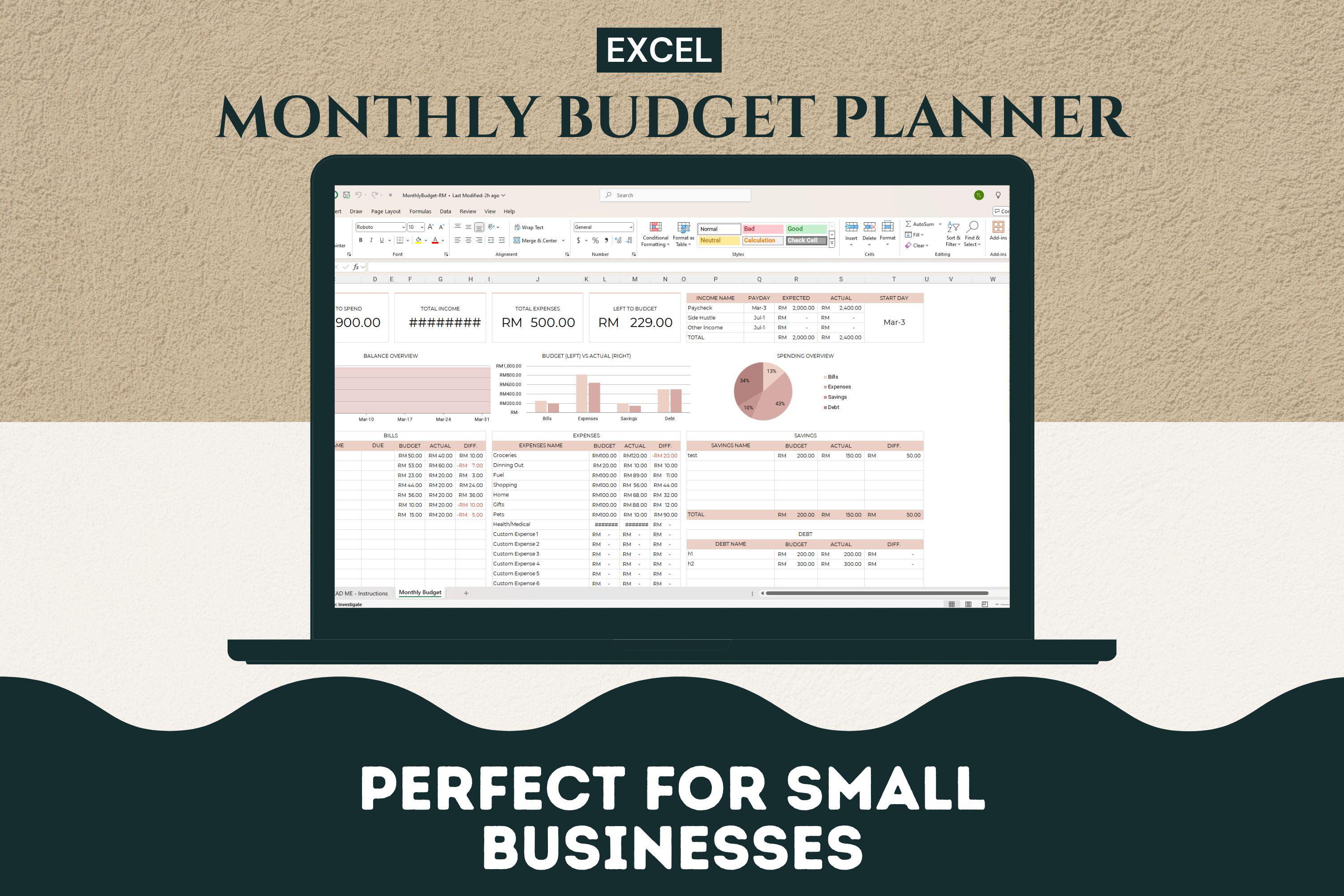 Monthly Budget Planner Excel Template | Visual Dashboard, Transaction ...