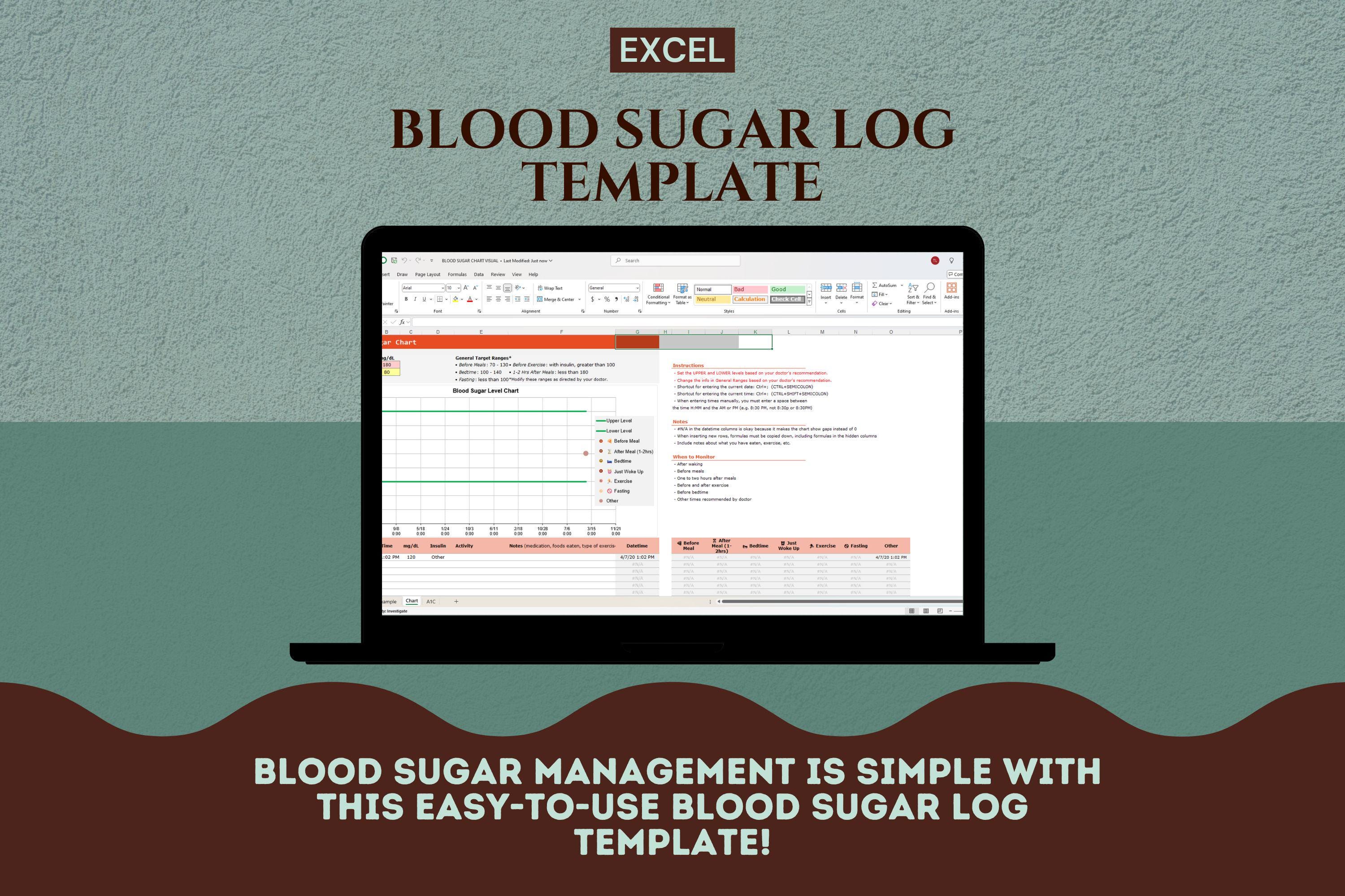 Blood Sugar Log Excel Template | Diabetes Tracker for Glucose, Insulin ...
