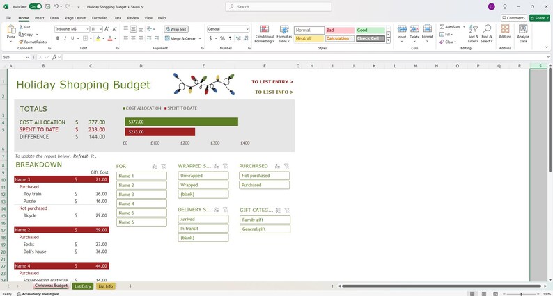 Holiday Budget and Gift Planner Excel Bundle | Festive Shopping ...