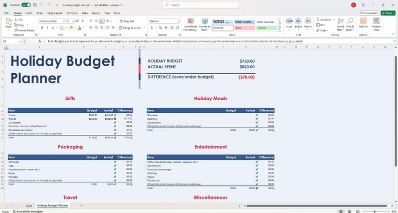 Holiday Budget Planner Excel Expense Tracker for Gifts, Meals, and ...