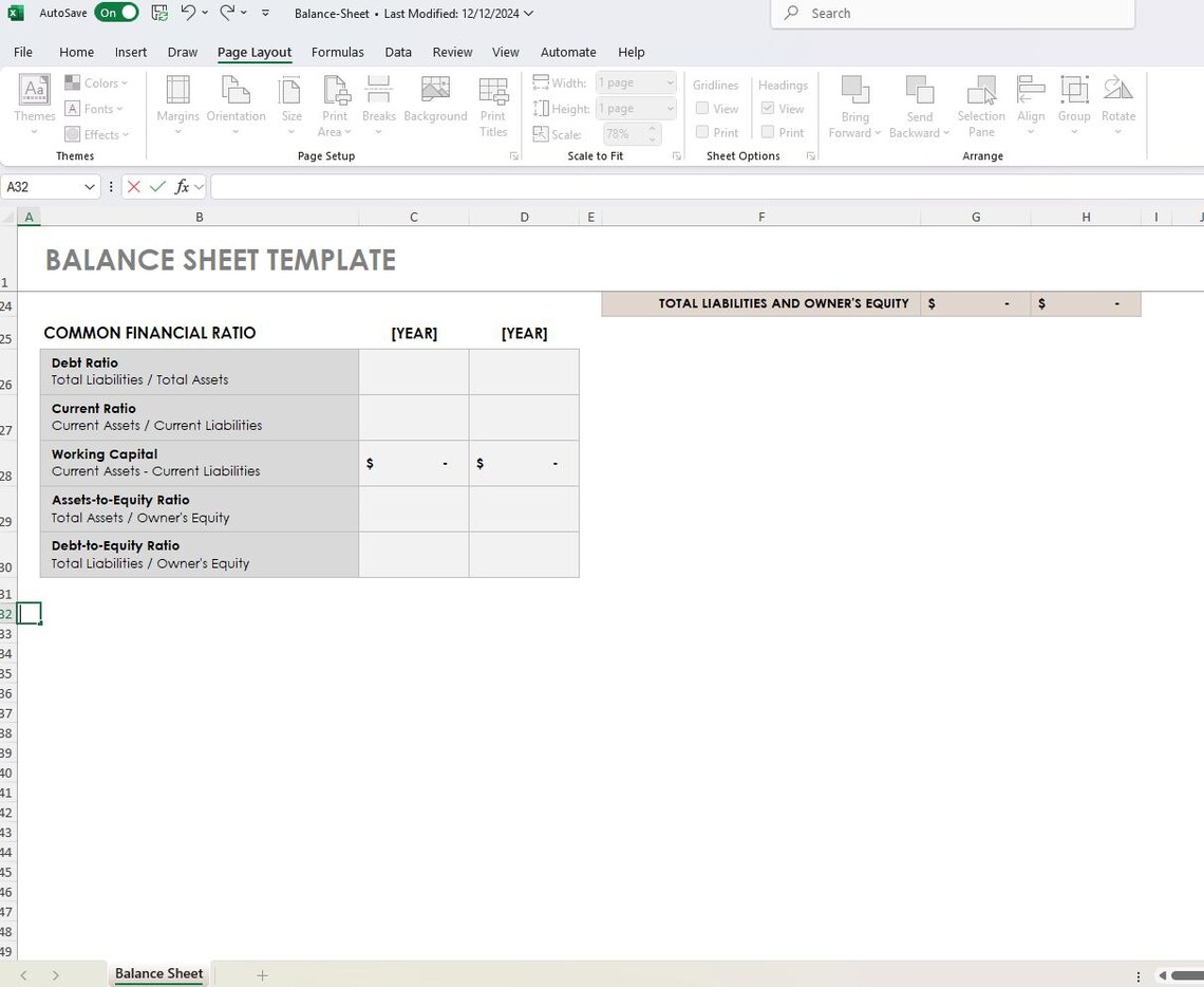 Balance Sheet Excel Template | Auto-calculating Assets, Liabilities ...