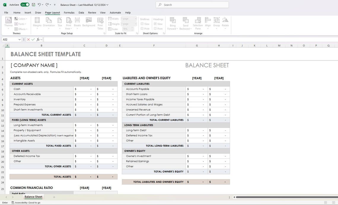 Balance Sheet Excel Template | Auto-calculating Assets, Liabilities ...