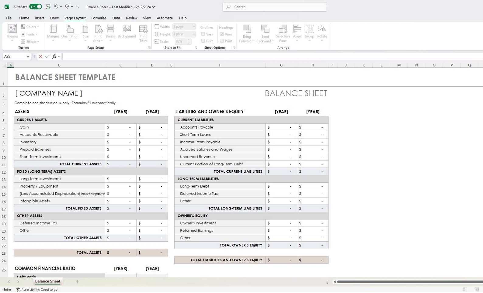 Balance Sheet Excel Template | Auto-calculating Assets, Liabilities ...