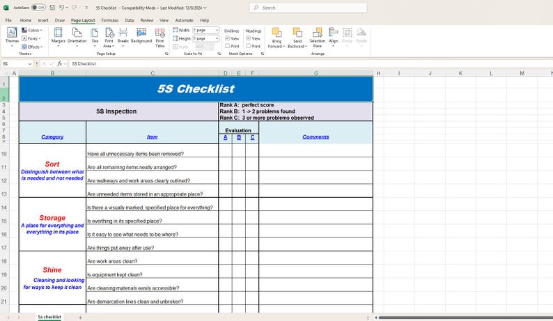 5S Lean Manufacturing Checklist (excel + Printable) - Etsy Canada