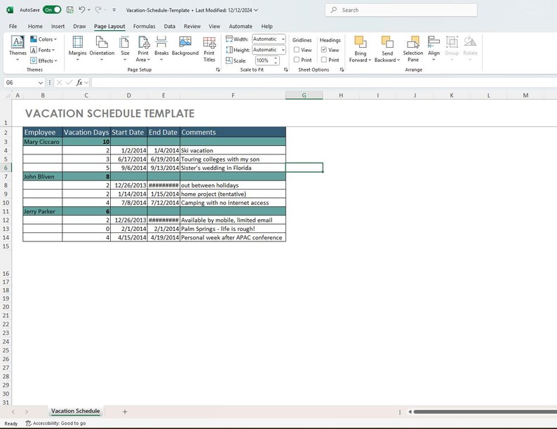 Excel Vacation Schedule Template: Employee Time off Tracker, Printable - Etsy