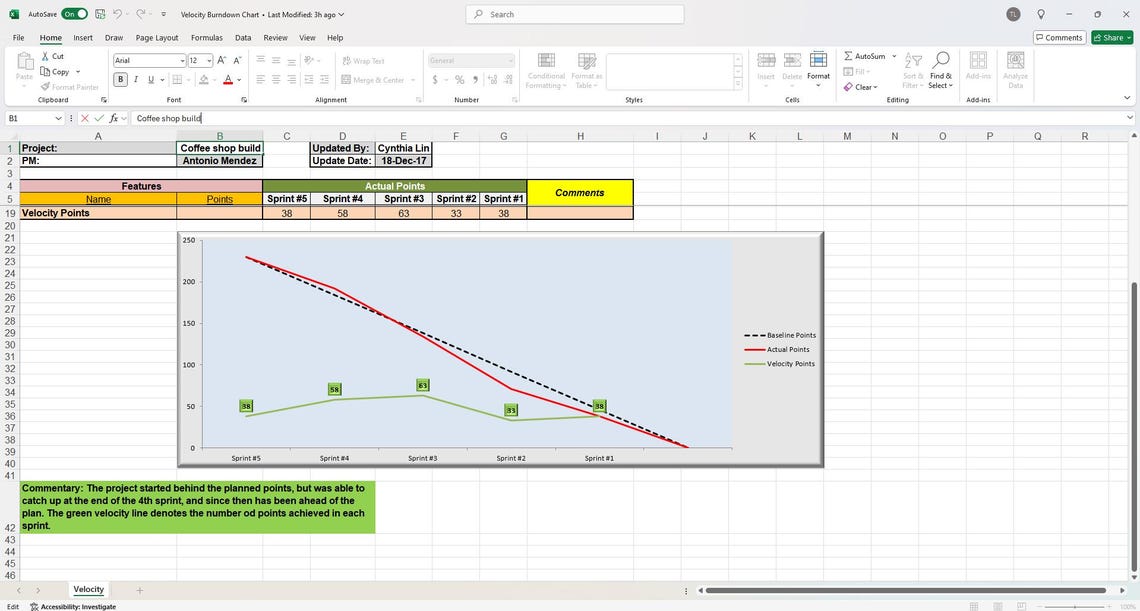 Agile Burndown Chart Excel Template | Sprint Velocity Tracker & Project ...