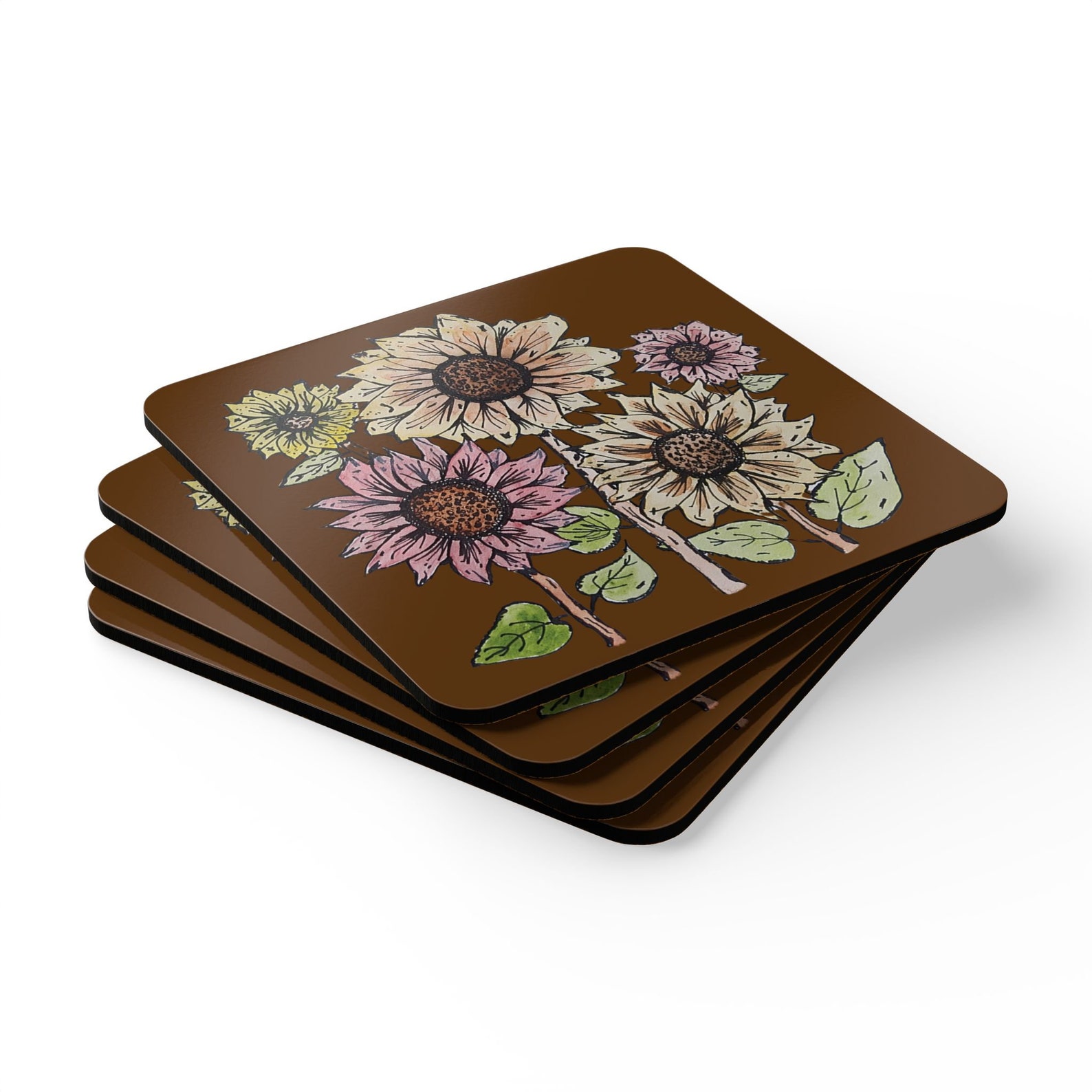 Original Sunflower Design Corkwood Coaster Set - Etsy