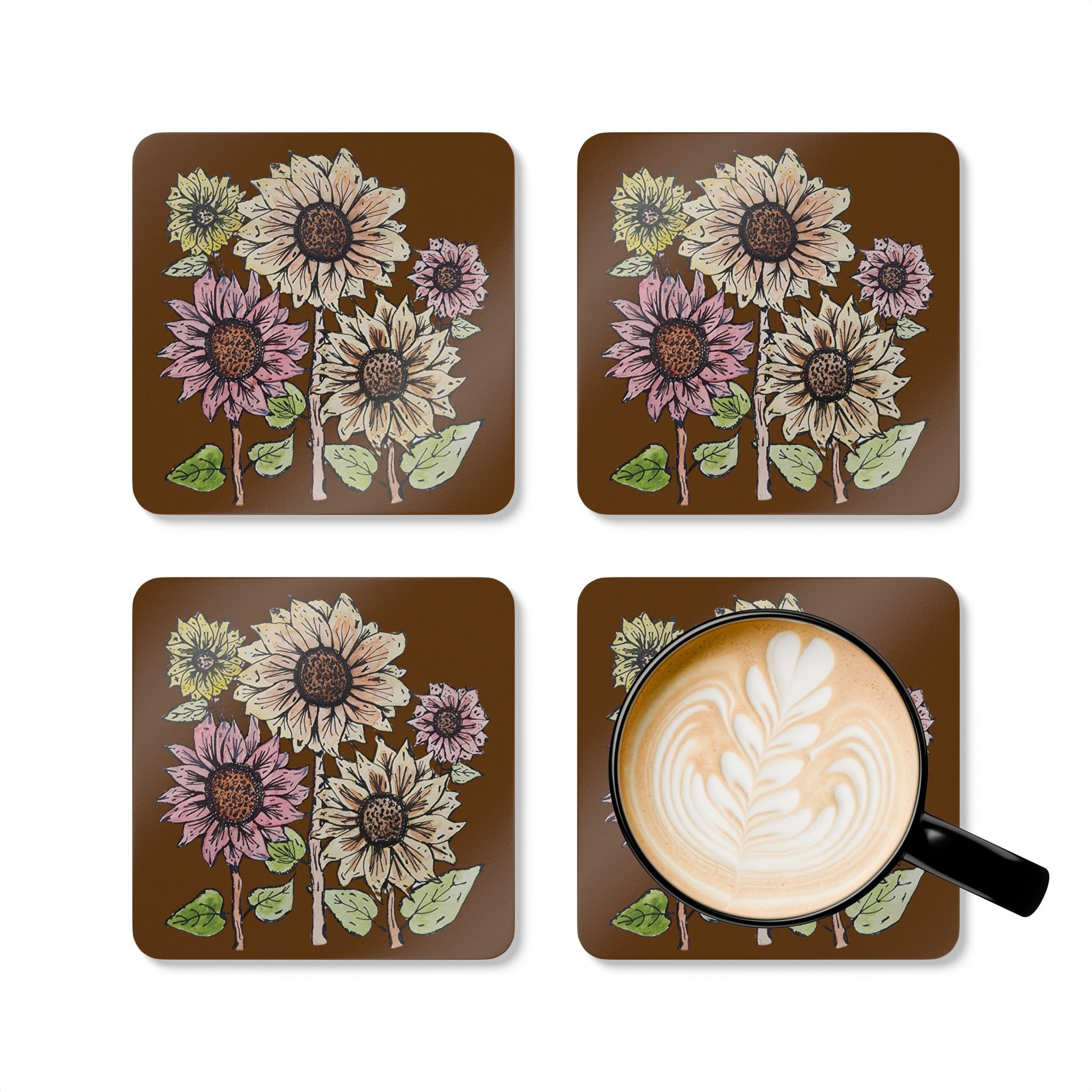 Original Sunflower Design Corkwood Coaster Set - Etsy