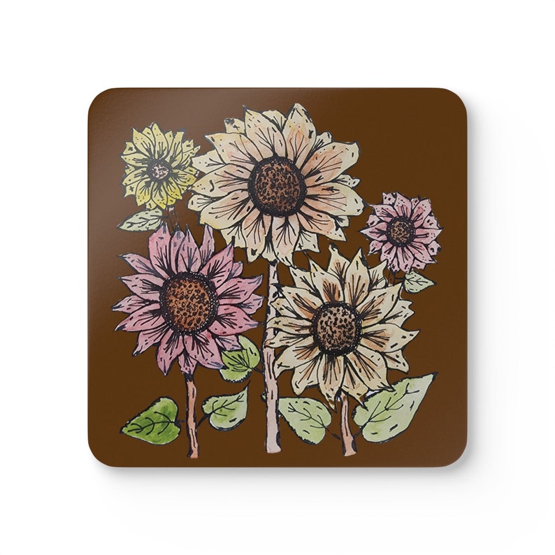 Original Sunflower Design Corkwood Coaster Set - Etsy