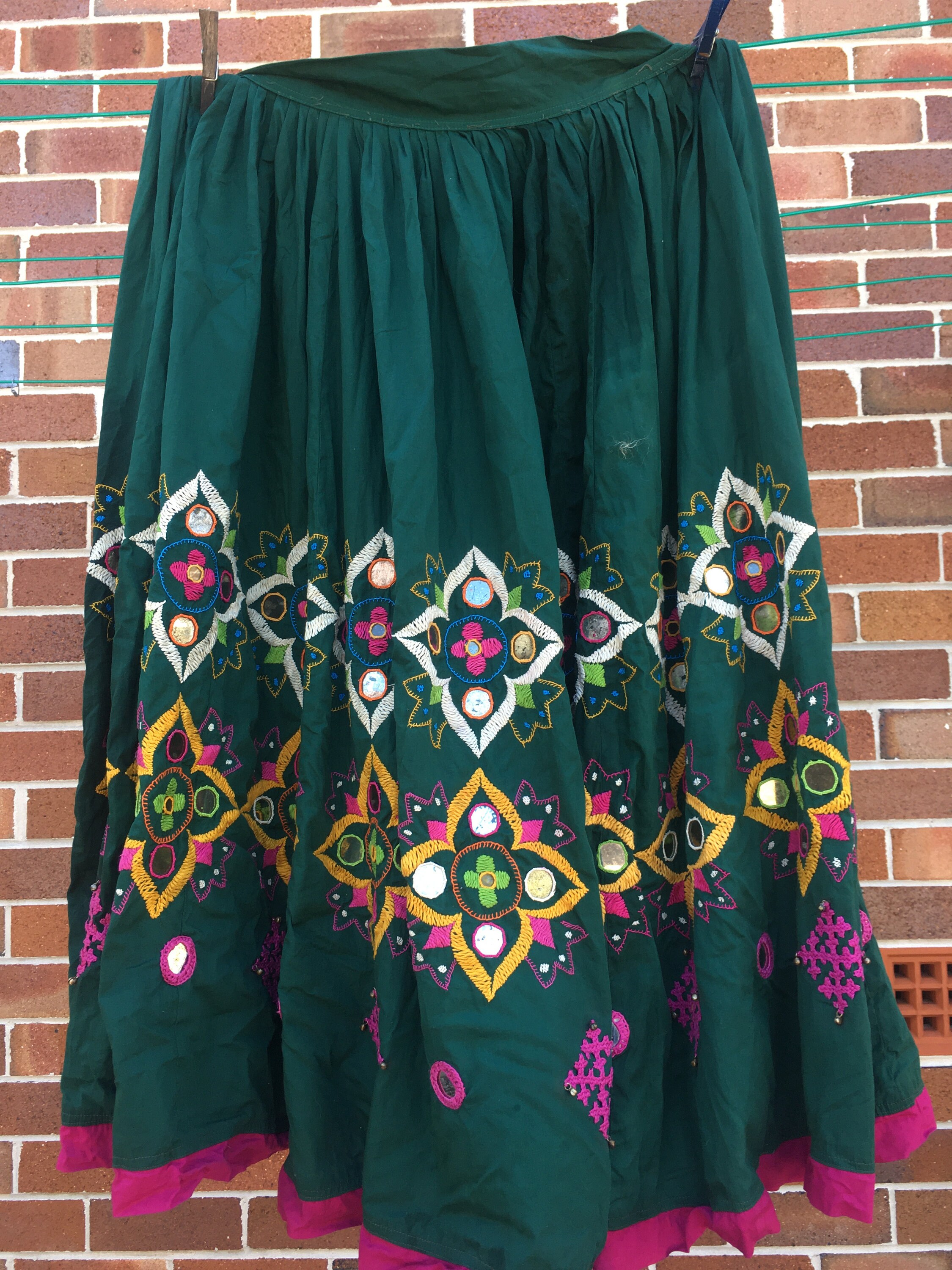 Boho Hippy Gypsy Belly Dancing Skirt Mirror Work India Mid Calf Ankle ...