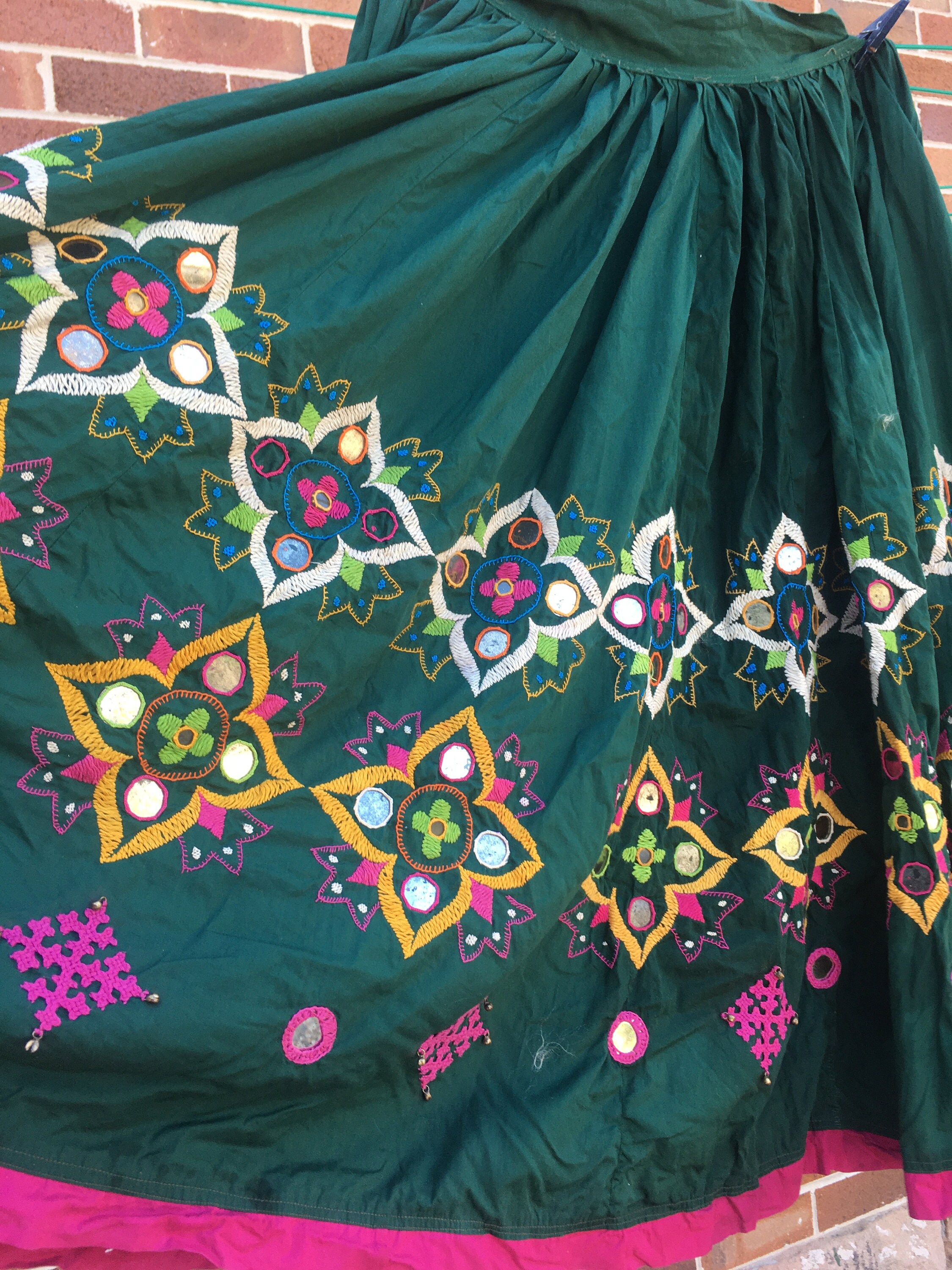 Boho Hippy Gypsy Belly Dancing Skirt Mirror Work India Mid Calf Ankle ...