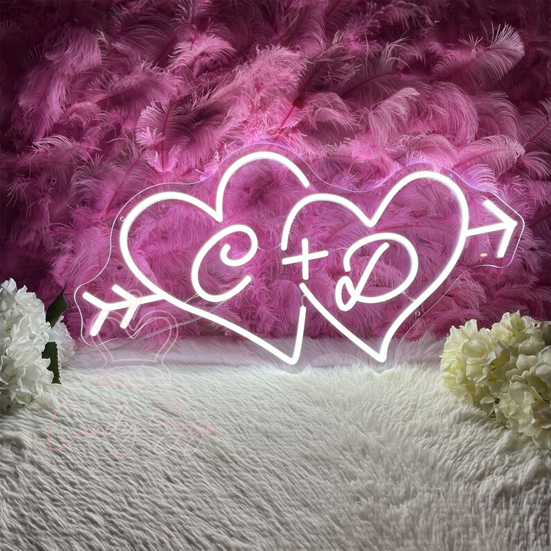 Custom Initials Double Heart Neon Sign,minimalist Wedding Love Arrow ...
