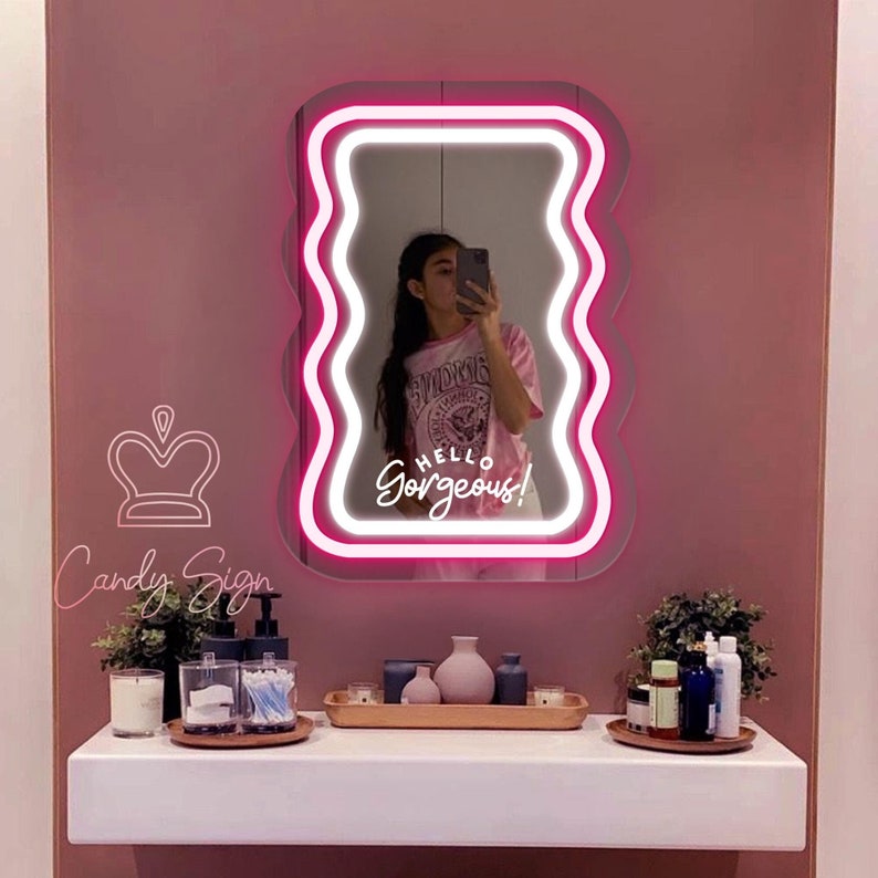 Wave Mirror Neon Sign,custom Y2K Mirror Neon Wall Art,girl's Room Neon ...