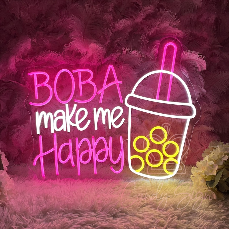 Buba Make Me Happy Neon Sign, Custom Milk Tea Led Light Sign, Bubble ...