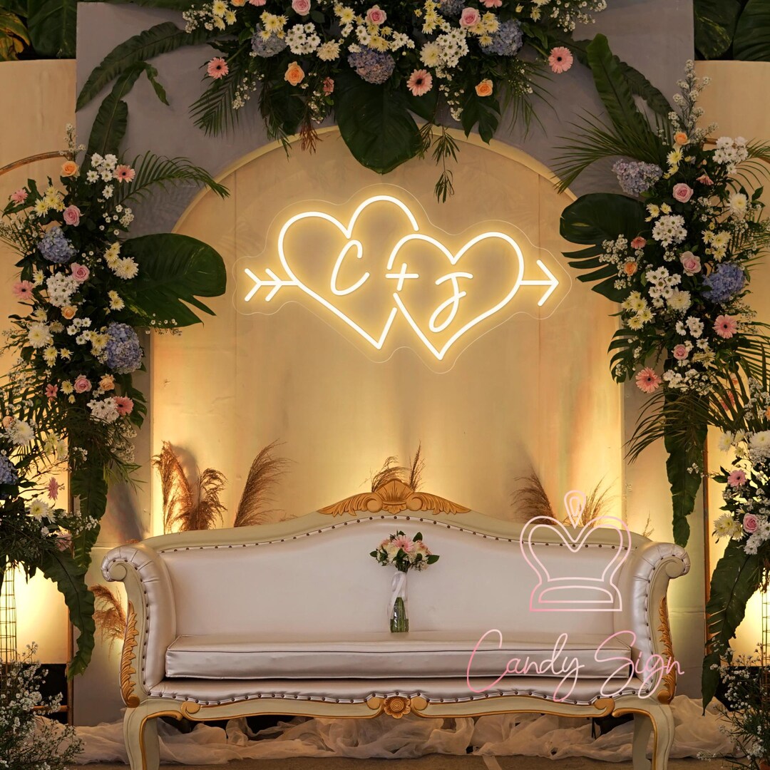 Custom Initials Double Heart Neon Sign,minimalist Wedding Love Arrow ...