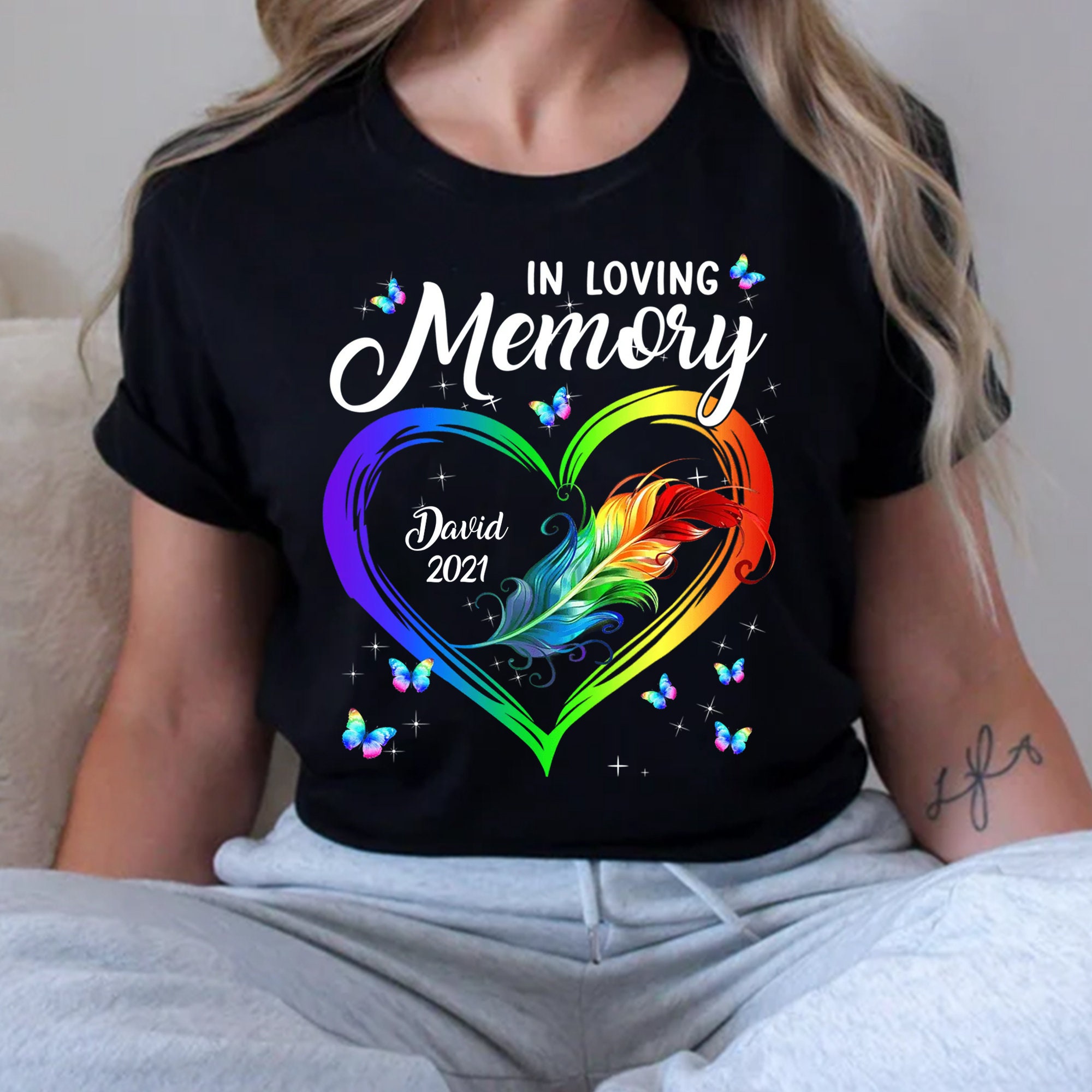 Personalized in Loving Memory T Shirt, Heart Feather Butterfly Memorial ...