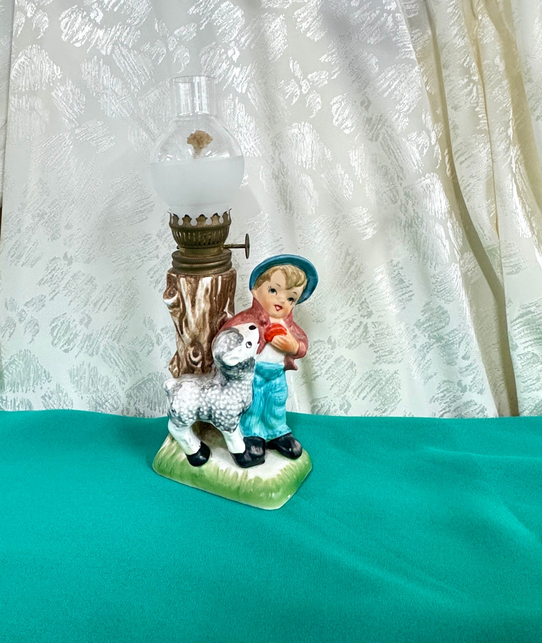 Vintage Boy Oil Lamp Ceramic Figurine Amber Glass Chimney - Etsy