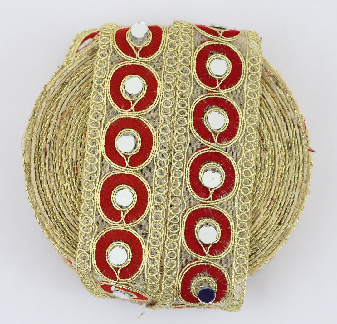 Par 1 Yard Indian Zari Hand Work Gold Red Mirror Gota Lace Trim for ...