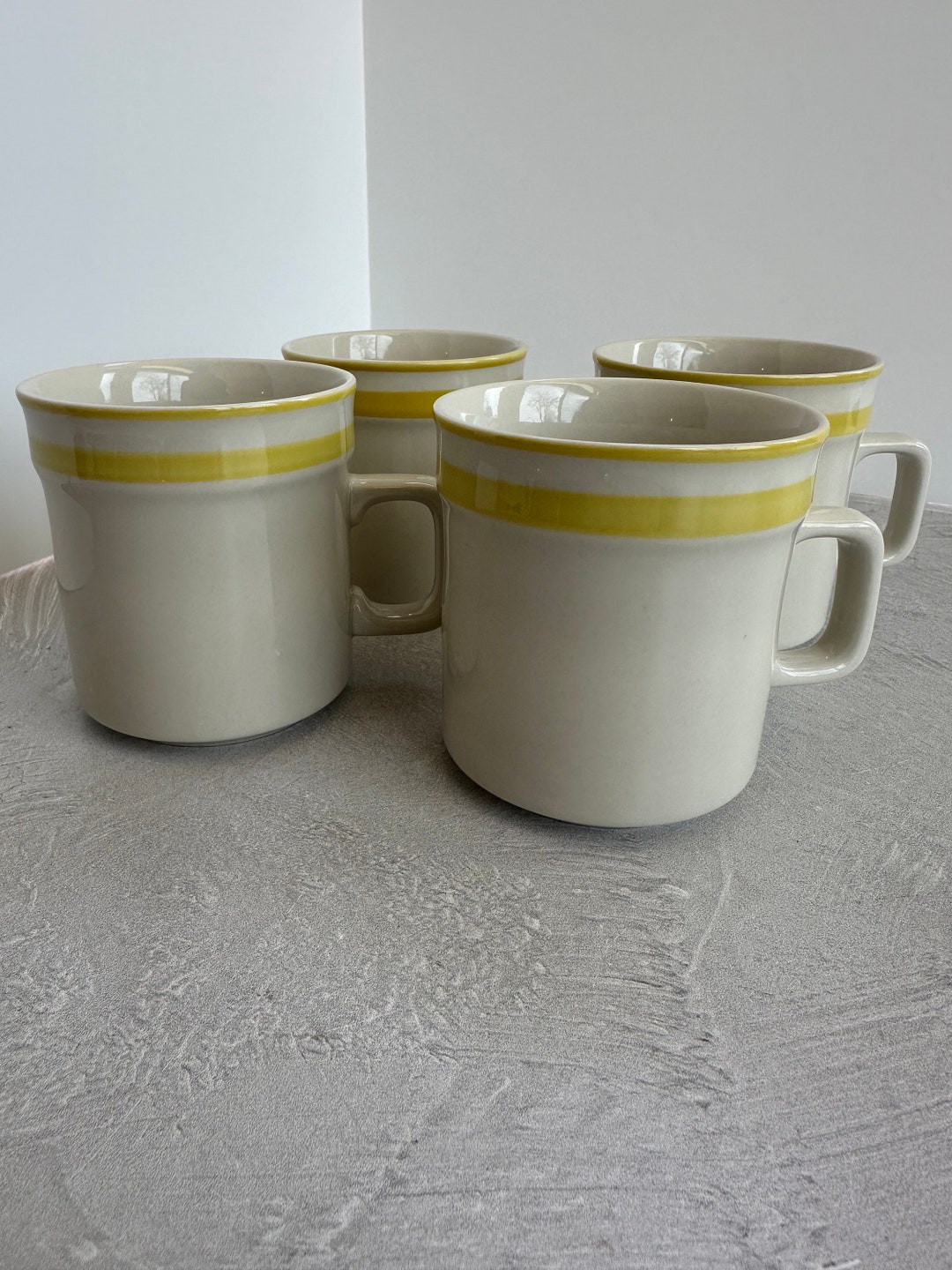 Vintage Orbit Stoneware Yellow Stripe Mugs Set of 4 - Etsy