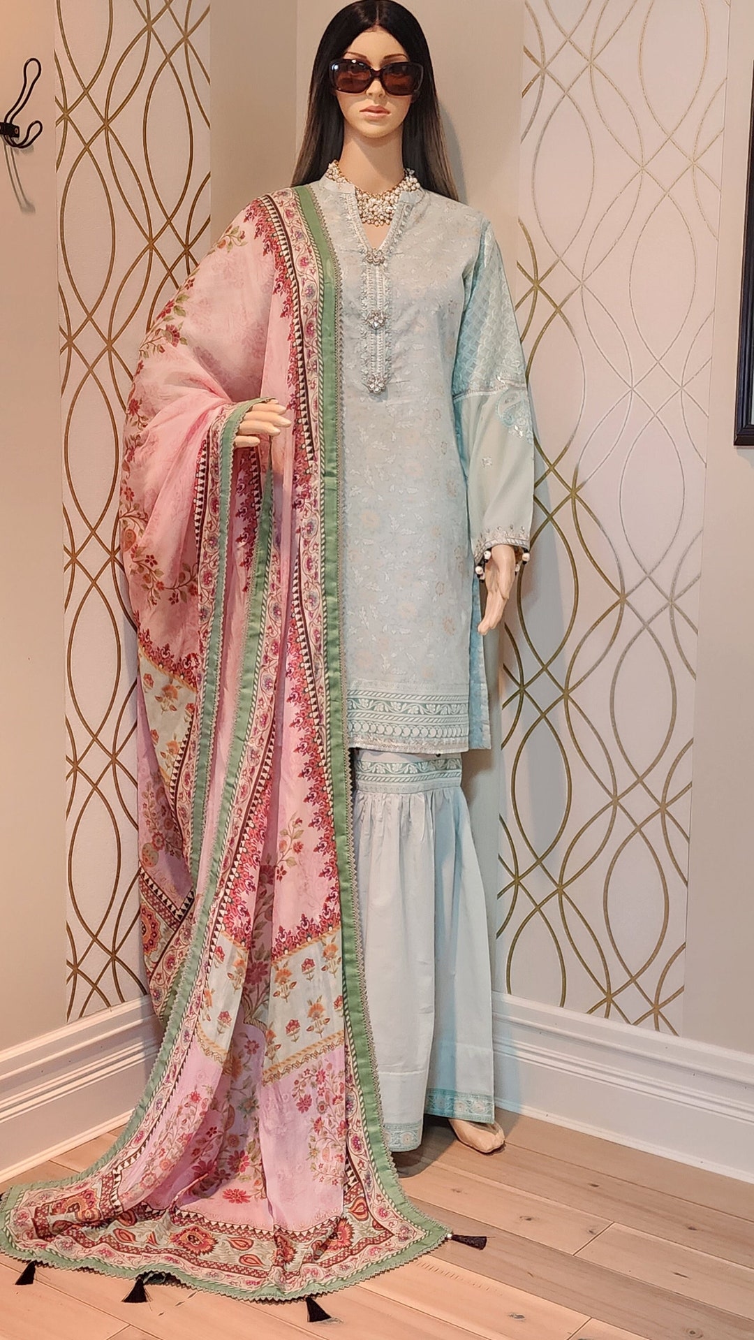 Pakistani Designer Maria B. 3 Piece Stitched Embroidered Lawn Gharara ...
