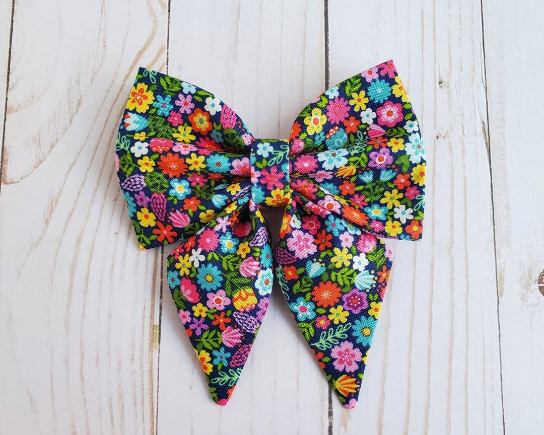 Floral Dog Bow • Sailor Bow for Dog Collar • Bright Flowers Dog Collar ...