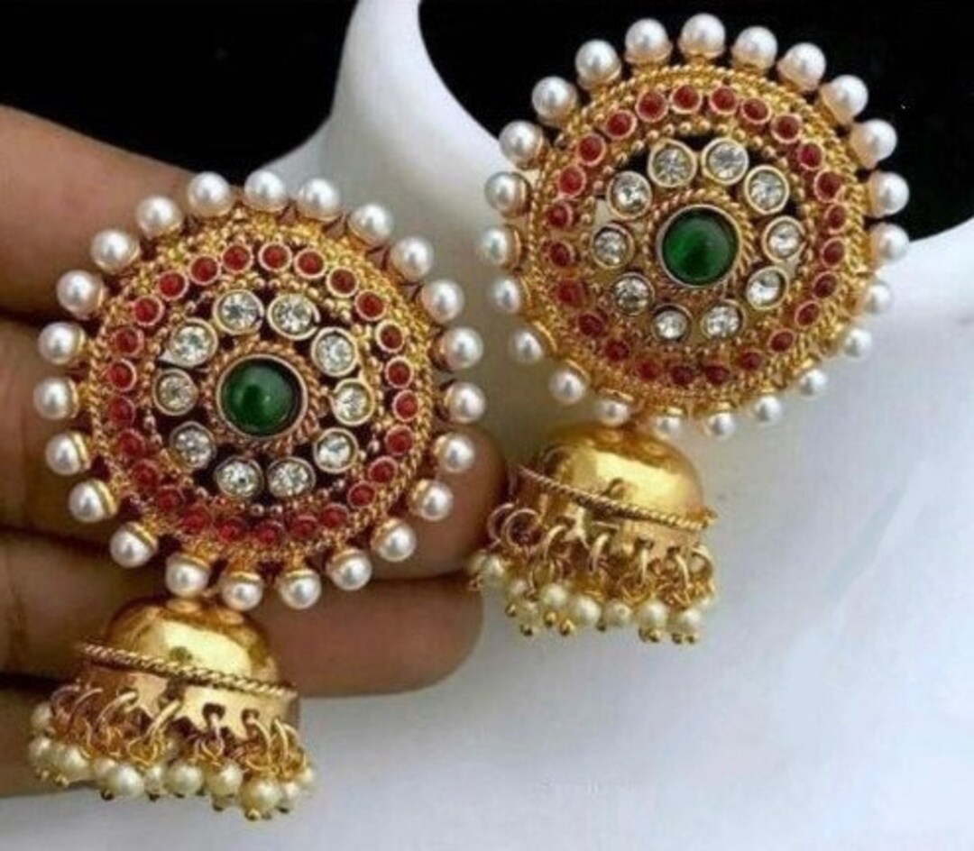 Traditional Indian Kemp Stone Motif Stud Earrings With Small Jhumka ...