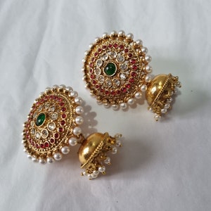 Traditional Indian Kemp Stone Motif Stud Earrings With Small Jhumka ...
