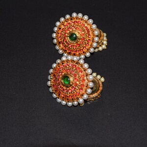 Traditional Indian Kemp Stone Motif Stud Earrings With Small Jhumka ...