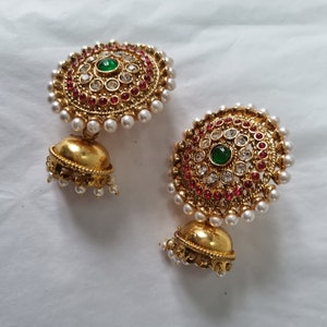Traditional Indian Kemp Stone Motif Stud Earrings With Small Jhumka ...