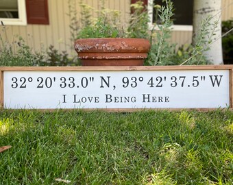 Framed Farmhouse Coordinate Sign With City , Latitude Longitude City ...