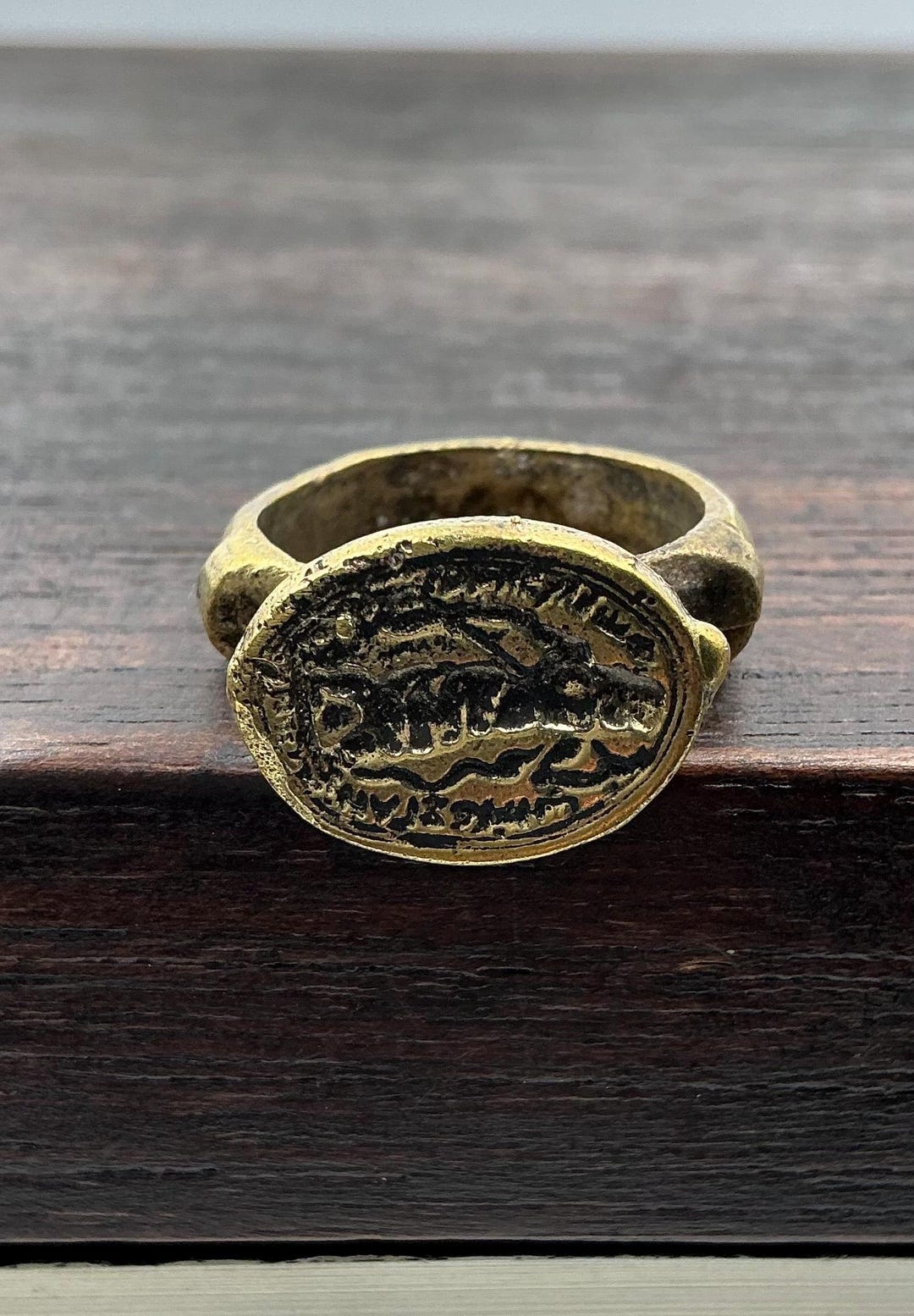 Ancient Vintage Gold Plated Brass Signet Ring With Antique Script ...