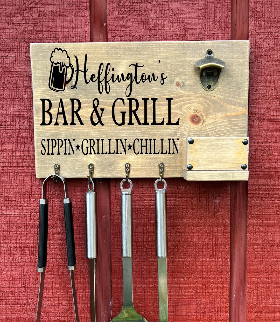 Personalized BBQ Grill Sign: Wood Utensil Holder With Bottle Opener - Etsy